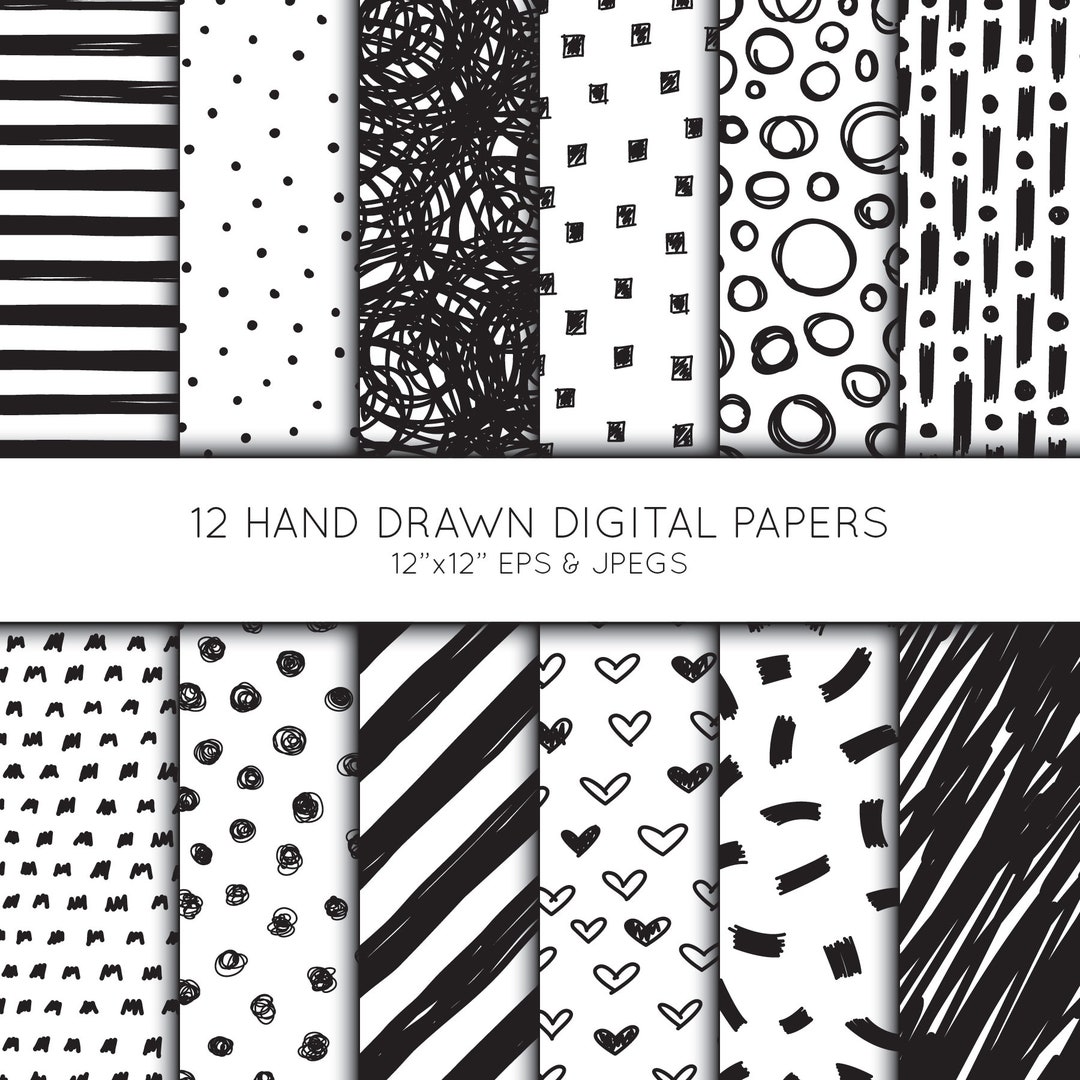 Hand Drawn Scrapbook Paper, Doodle Digital Paper, Black & White ...