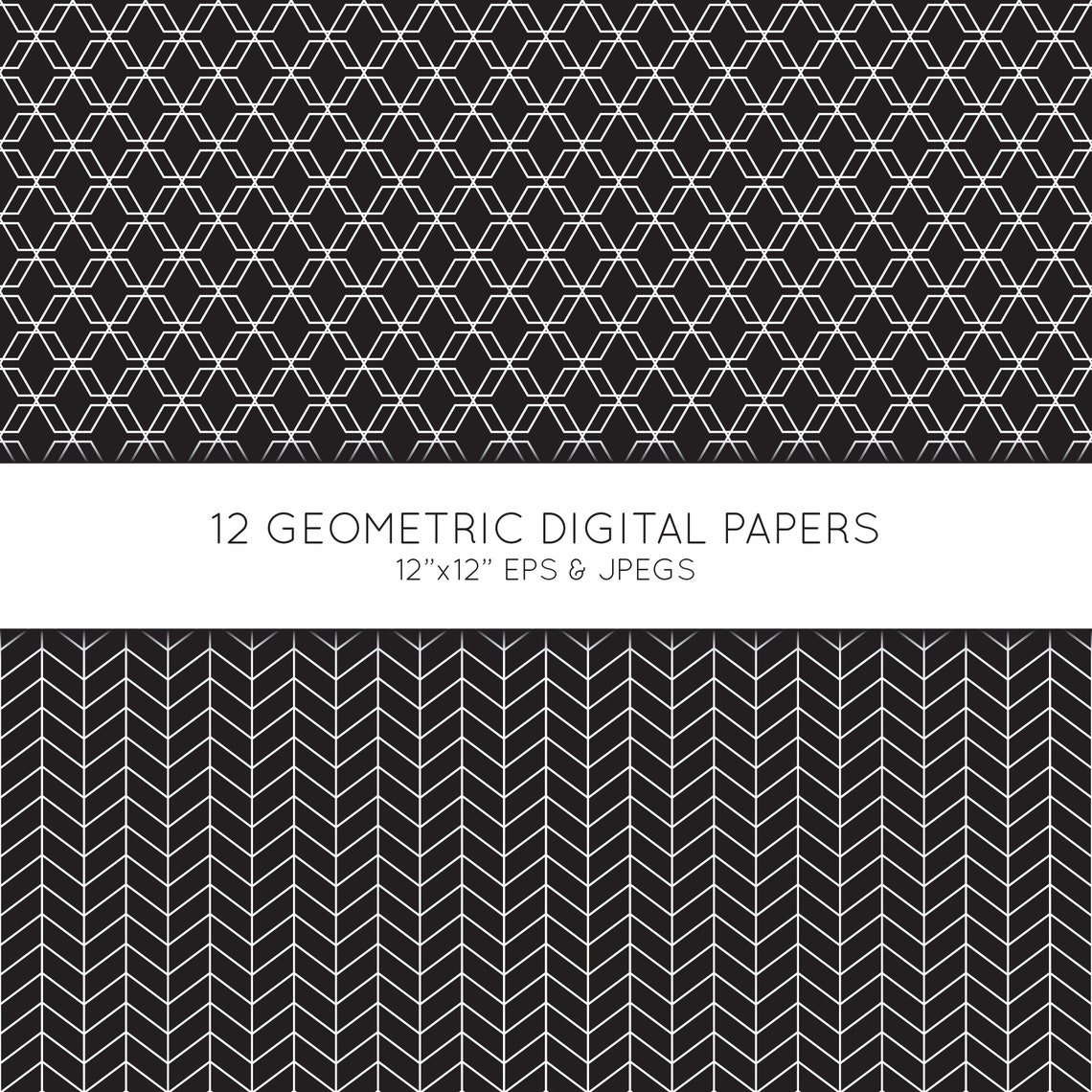 Geometric Digital Paper, Geometric Scrapbook Paper, Black and White ...