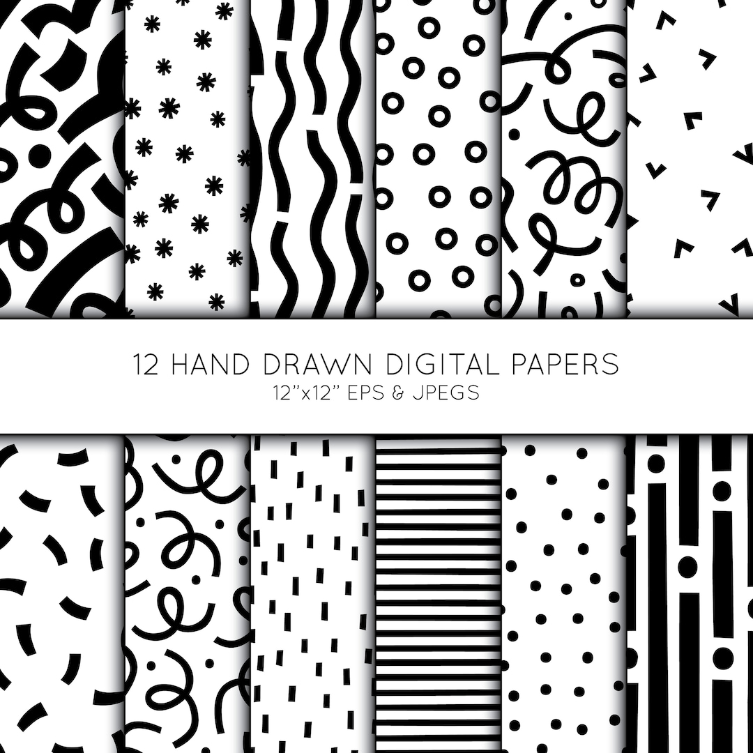 Doodle Digital Paper, Hand Drawn Scrapbook Paper, Black and White ...