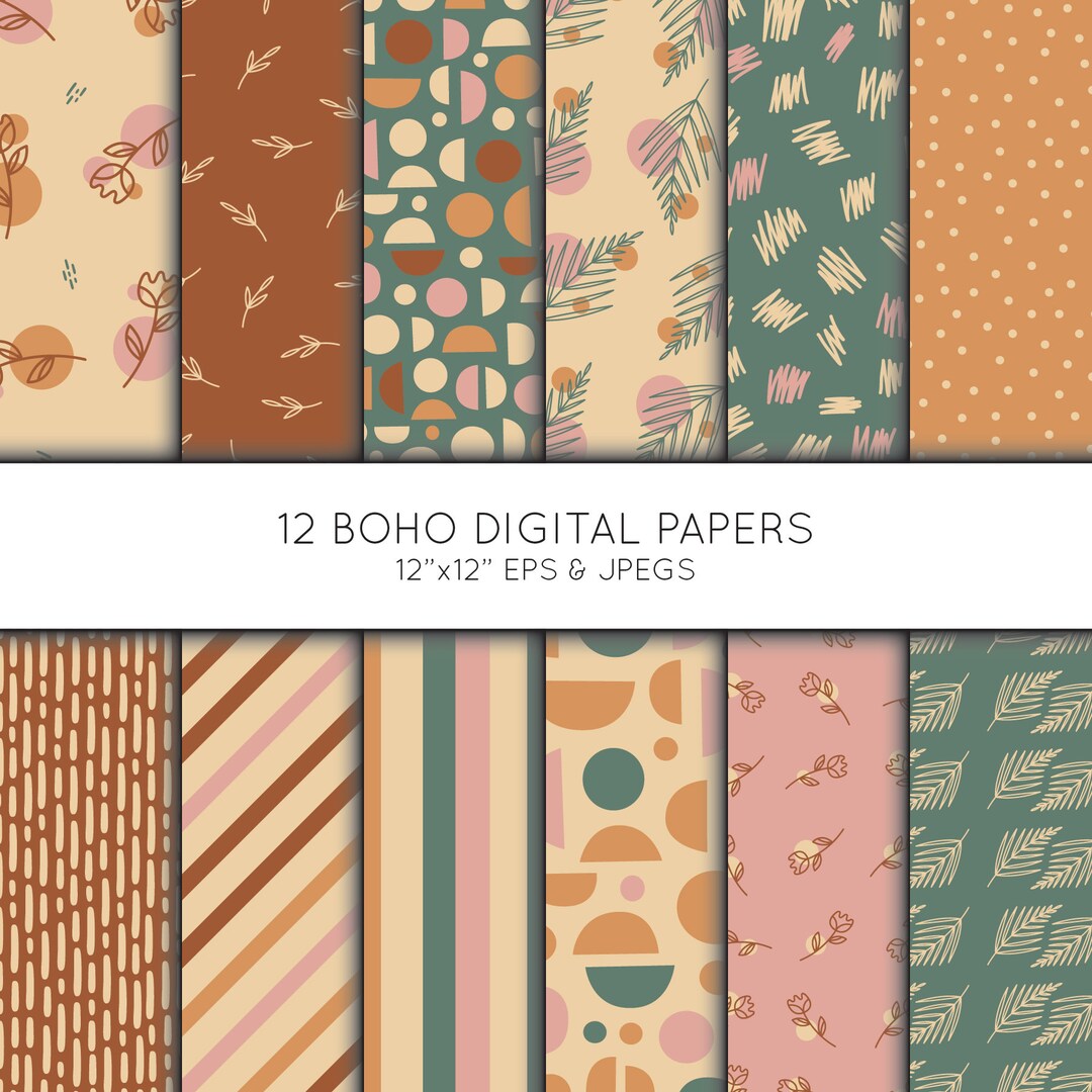 Boho Digital Paper, Modern Scrapbook Paper, Abstract Digital Paper Pack ...