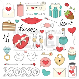 Love Clipart, Valentine Doodle Clip Art Set, Trendy Retro Clipart ...