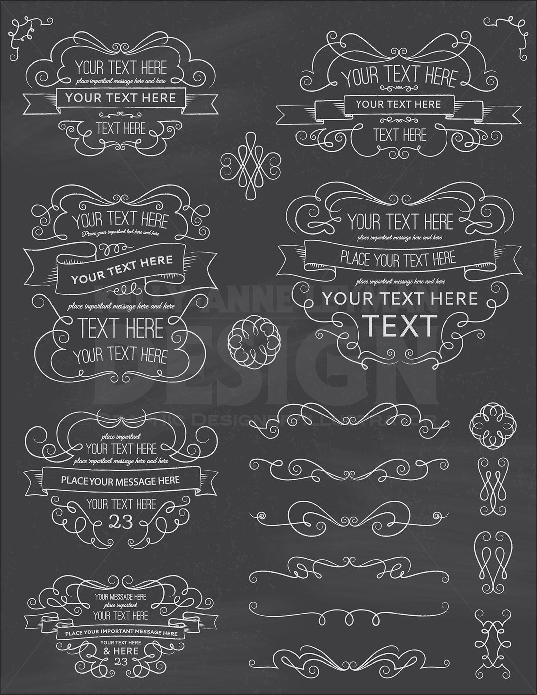 Chalkboard Swirl Digital Frame Clipart, Digital Label, Flourish ...