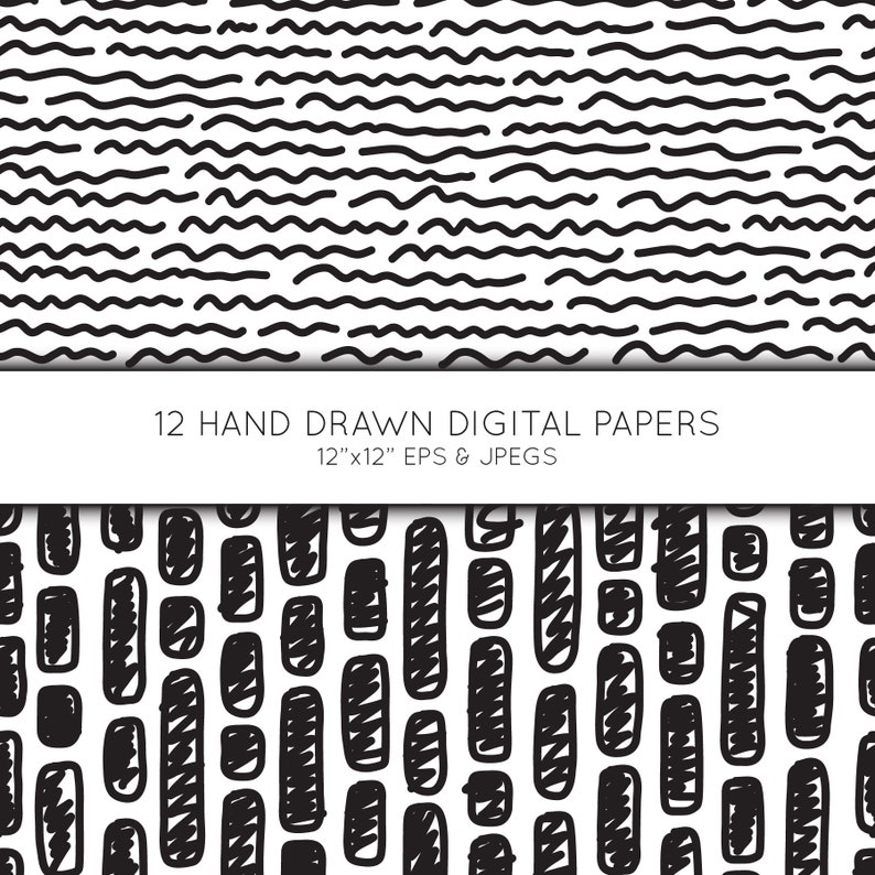 Hand Drawn Scrapbook Paper, Doodle Digital Paper, Black and White ...