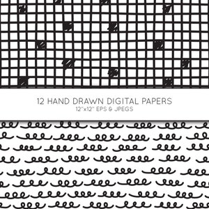 Hand Drawn Scrapbook Paper, Doodle Digital Paper, Black and White ...
