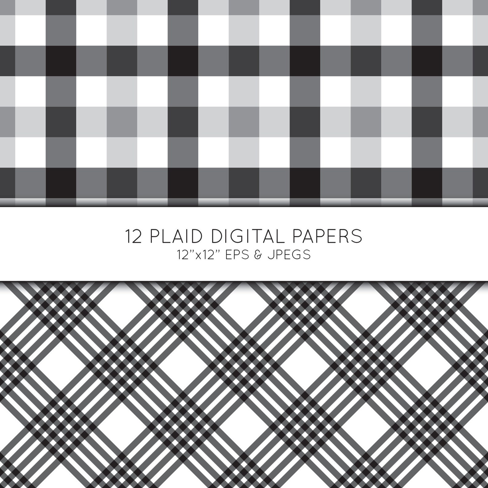 Plaid Digital Paper, Buffalo Plaid Scrapbook Paper, Black and White ...
