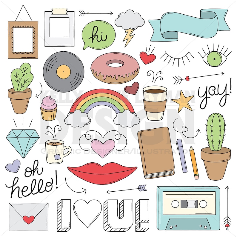 Doodle Retro Objects, Hand Drawn Clip Art Set, Trendy Retro Clipart ...