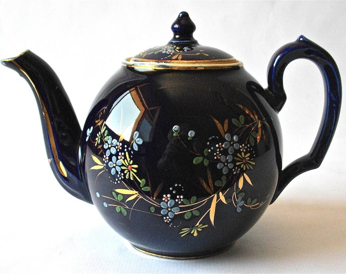 Pretty French Vintage Teapot Navy Blue Flower in Stoneware - Etsy