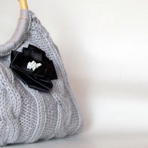 Hand Knit Tote, Knitted Gray Handbag, Cable Braided Bag, Grey Knitted ...