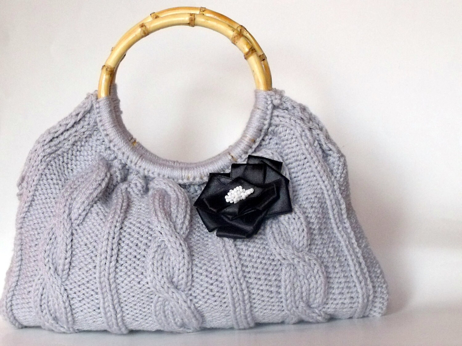 Hand Knit Tote, Knitted Gray Handbag, Cable Braided Bag, Grey Knitted ...