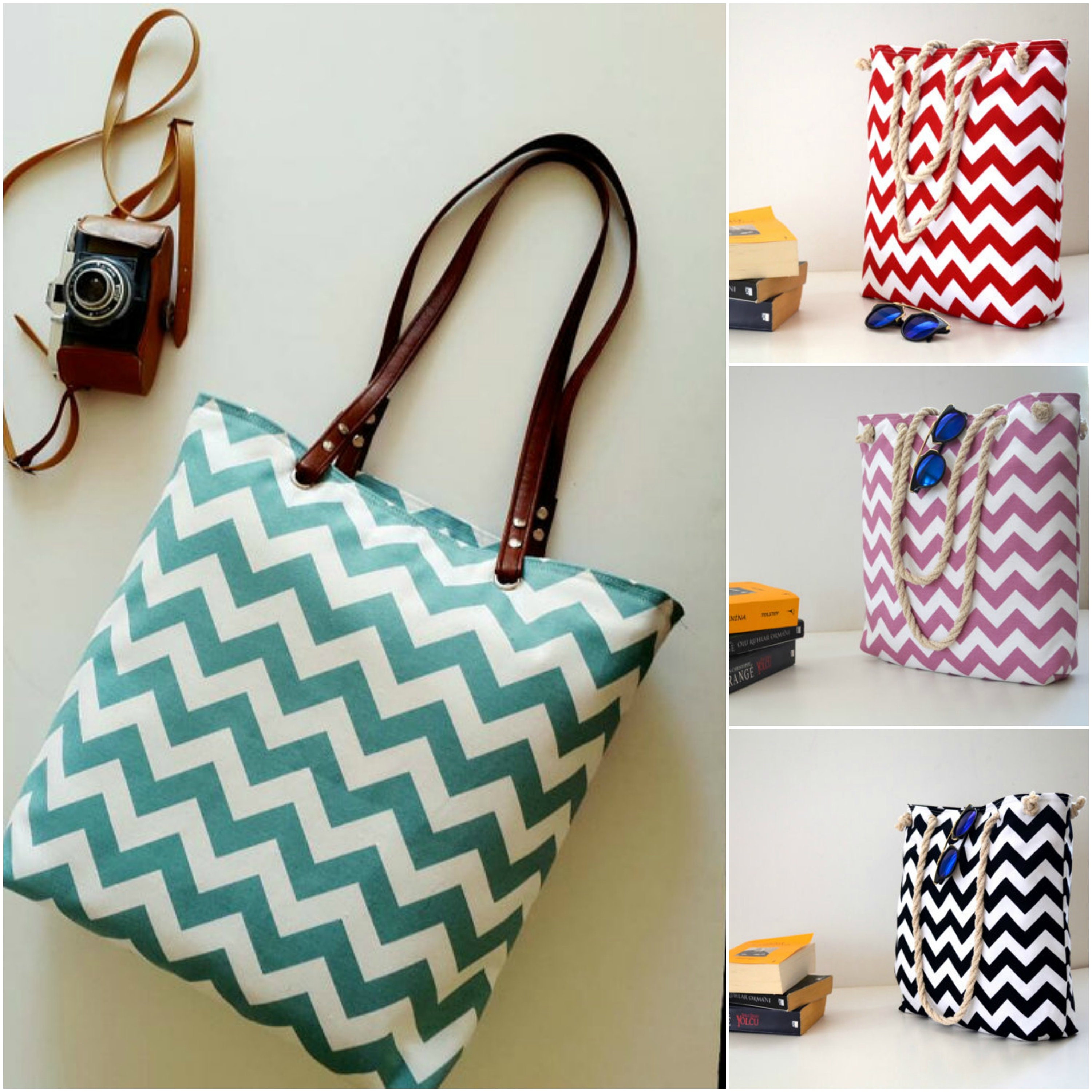 Chevron Tote Bag, Wedding Tote, Travel Canvas, Rope Handle, Shoulder ...
