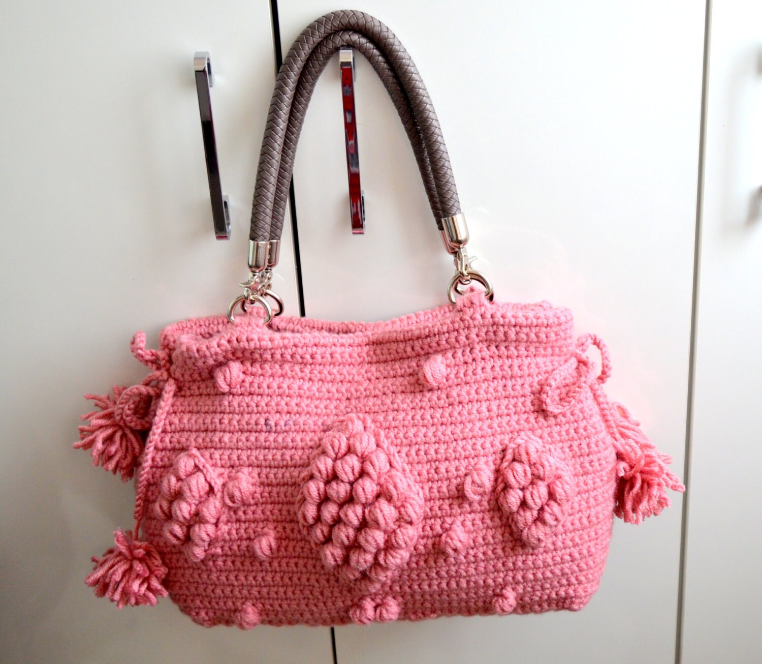 Pink Knit Shoulder Bag, Winter Knitted Bag, Handmade Chunky Tote Bag ...