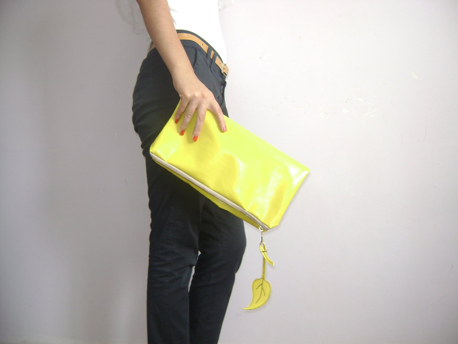 Leather Yellow Clutch, With Brass Zipper Closure Butter, Simple Stylish ...