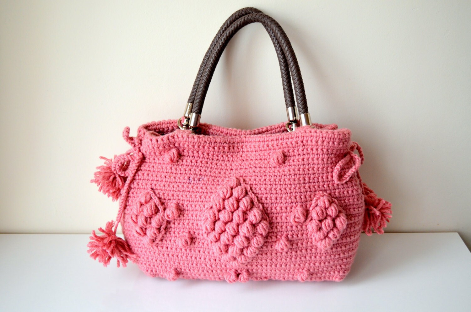 Pink Knit Shoulder Bag, Winter Knitted Bag, Handmade Chunky Tote Bag ...