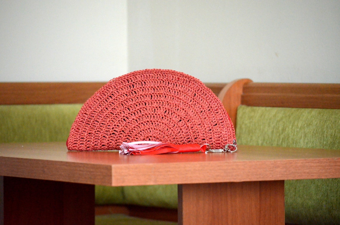 Tomato Half Moon Raffia Bag Straw Burgundy Clutch Tassel - Etsy