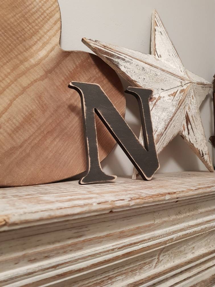 Wooden Letter N - painted and distressed - letter art, interior decor, 15cm