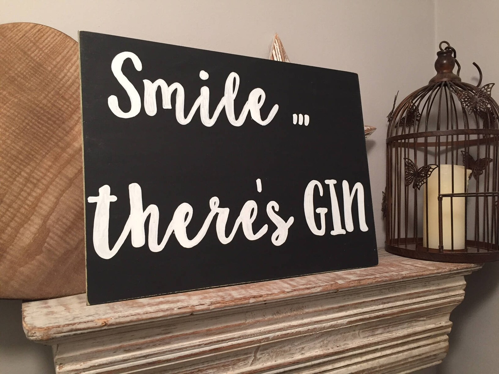 A3 Wooden Sign - Smile There is Gin - Blackboard Style, Rustic ...