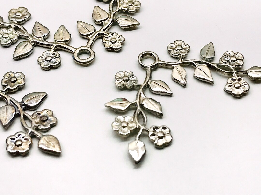 6 Vintage Silver Metal Flower Branch Leaf Spray Drops One Hole ...