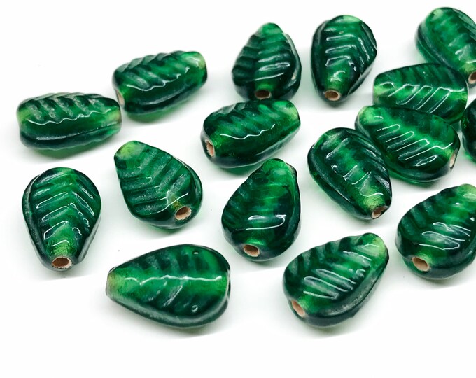 10mm Small Green Glass Leaf Beads - Cross Drilled - Green Leaves Beads ...