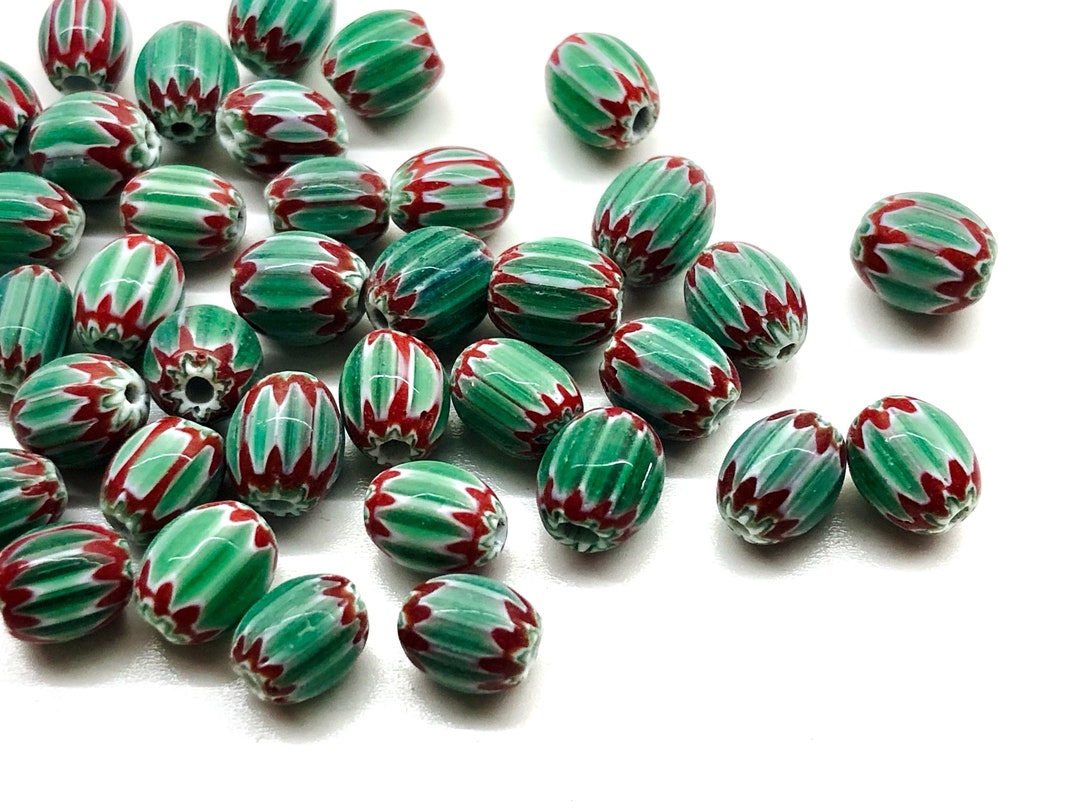 50pcs 7x5mm Small Green & Red Chevron Beads Glass Trade Beads Handmade ...