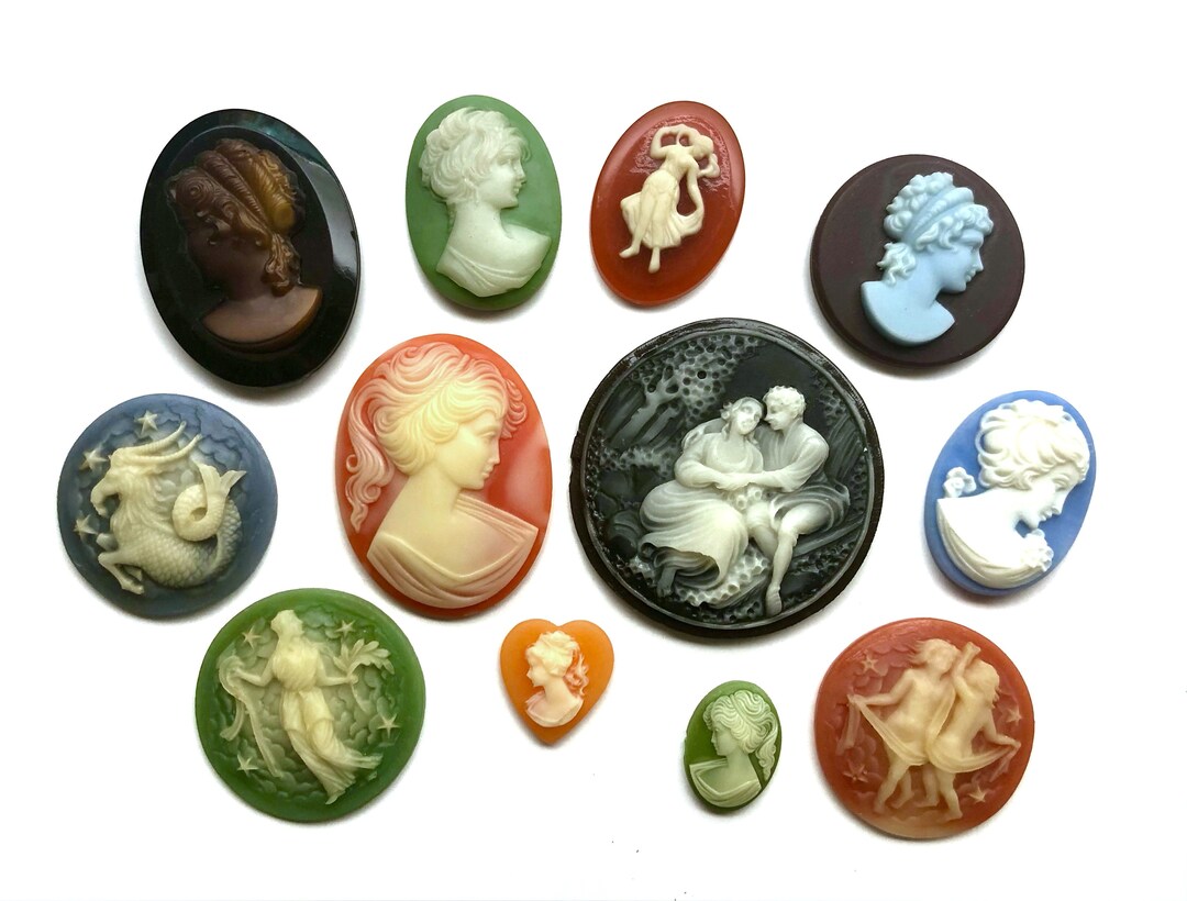 12 Vintage Loose Cameos LOT Jewelry Resin Plastic Acrylic Lady Coral ...