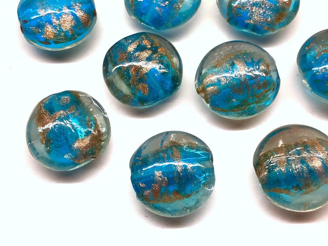 8pcs Large Turquoise Blue Gold Sand Puffed Coin Lampwork Glass Beads - Etsy