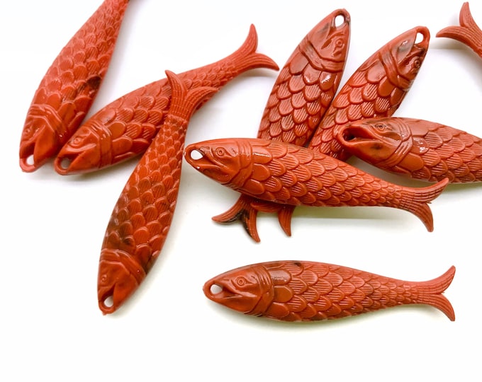 4pc Large Vintage Plastic Fish Charms Carved Plastic Jade Asian Brown ...