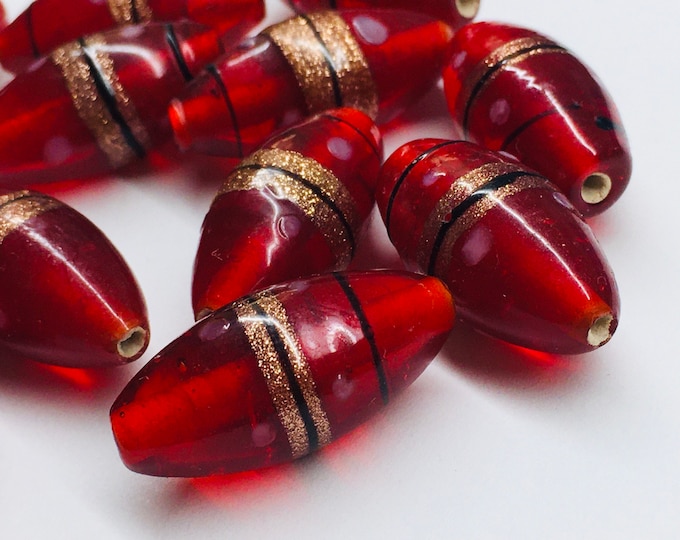 23mm Vintage Oblong Red Copper Foil Beads Metallic Lampwork Glass Beads ...