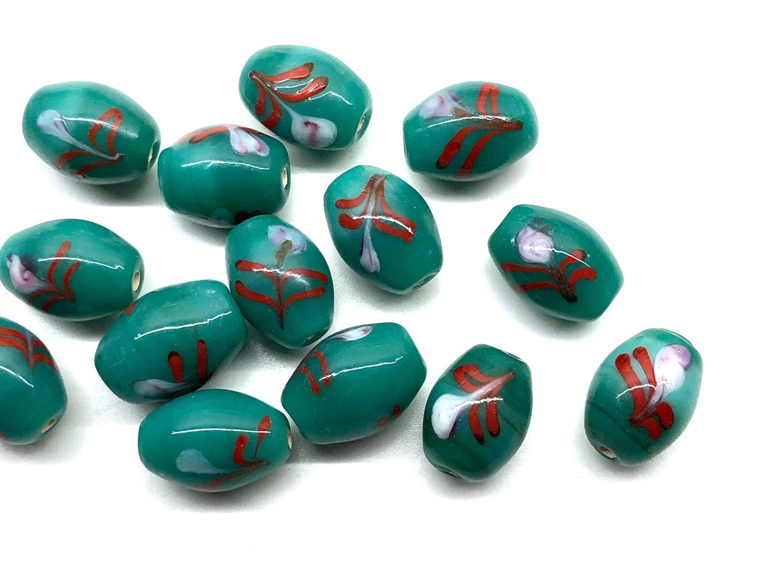 8pcs Teal Blue Glass Feather Flower Lampwork Oblong Glass Beads ...