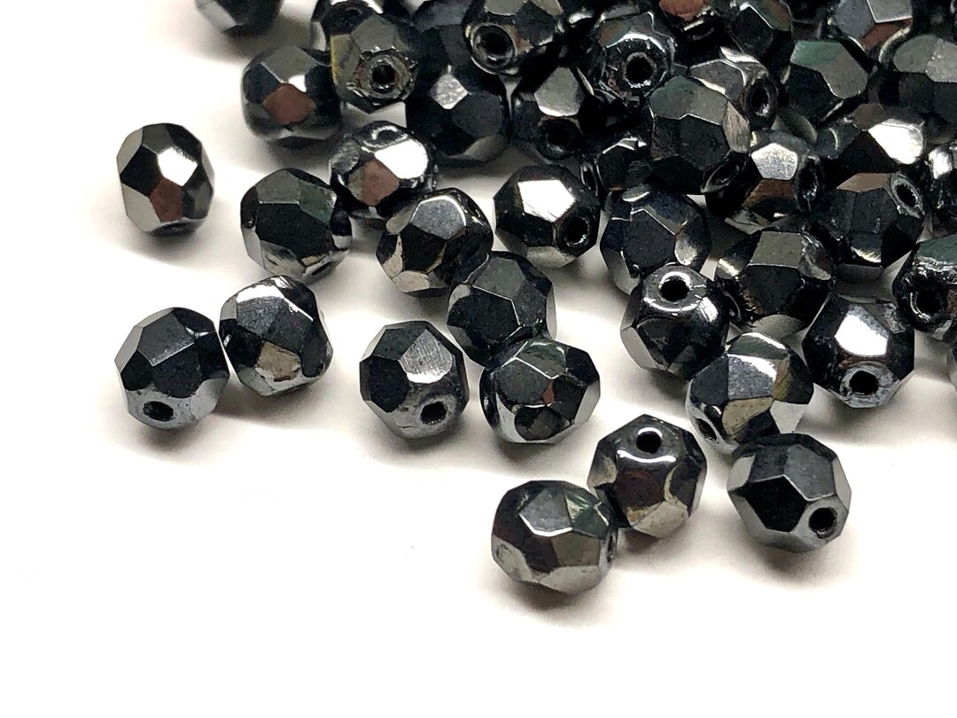 100pcs 6mm Vintage Czech Faceted Jet Hematite Silvered Black Glass ...