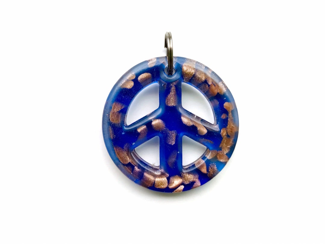 Gold Glitter Glass Dark Blue Peace Sign Pendant Glass Peace Necklace ...