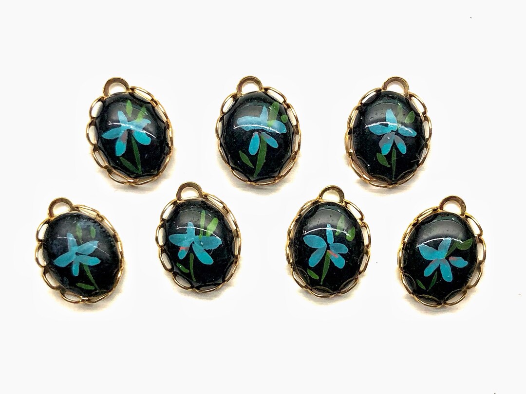 6pc Vintage Hand Painted Floral Enamel Charms Violet Charms Guilloche ...