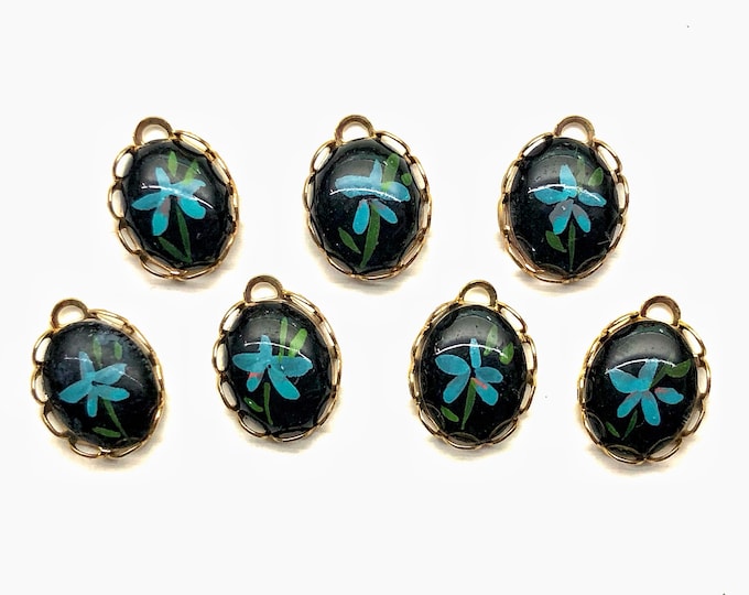 6pc Vintage Hand Painted Floral Enamel Charms Violet Charms Guilloche ...