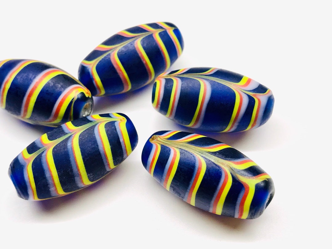 8pcs Blue Glass Feather Beads Venetian Glass Large Oblong Glass Beads ...