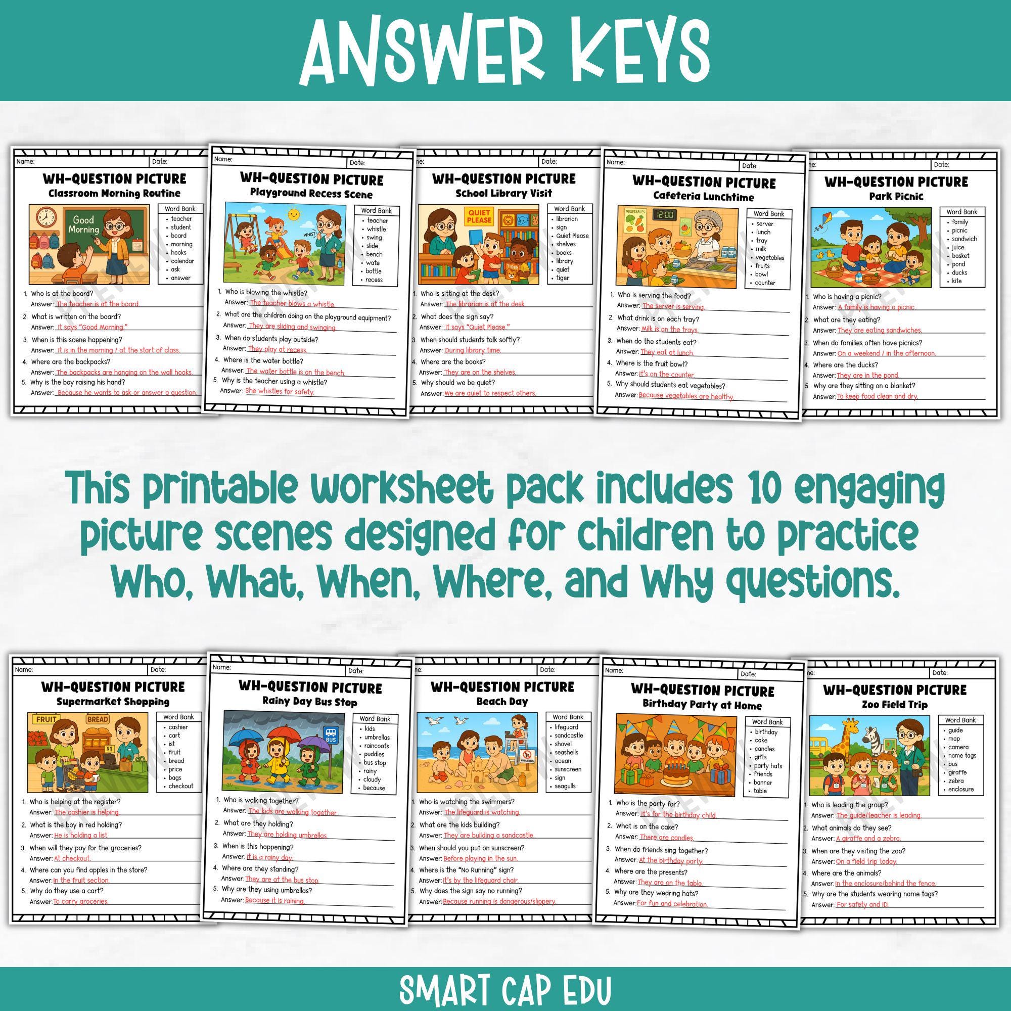 WH Questions Picture Scenes Worksheets | Who What When Where Why ...