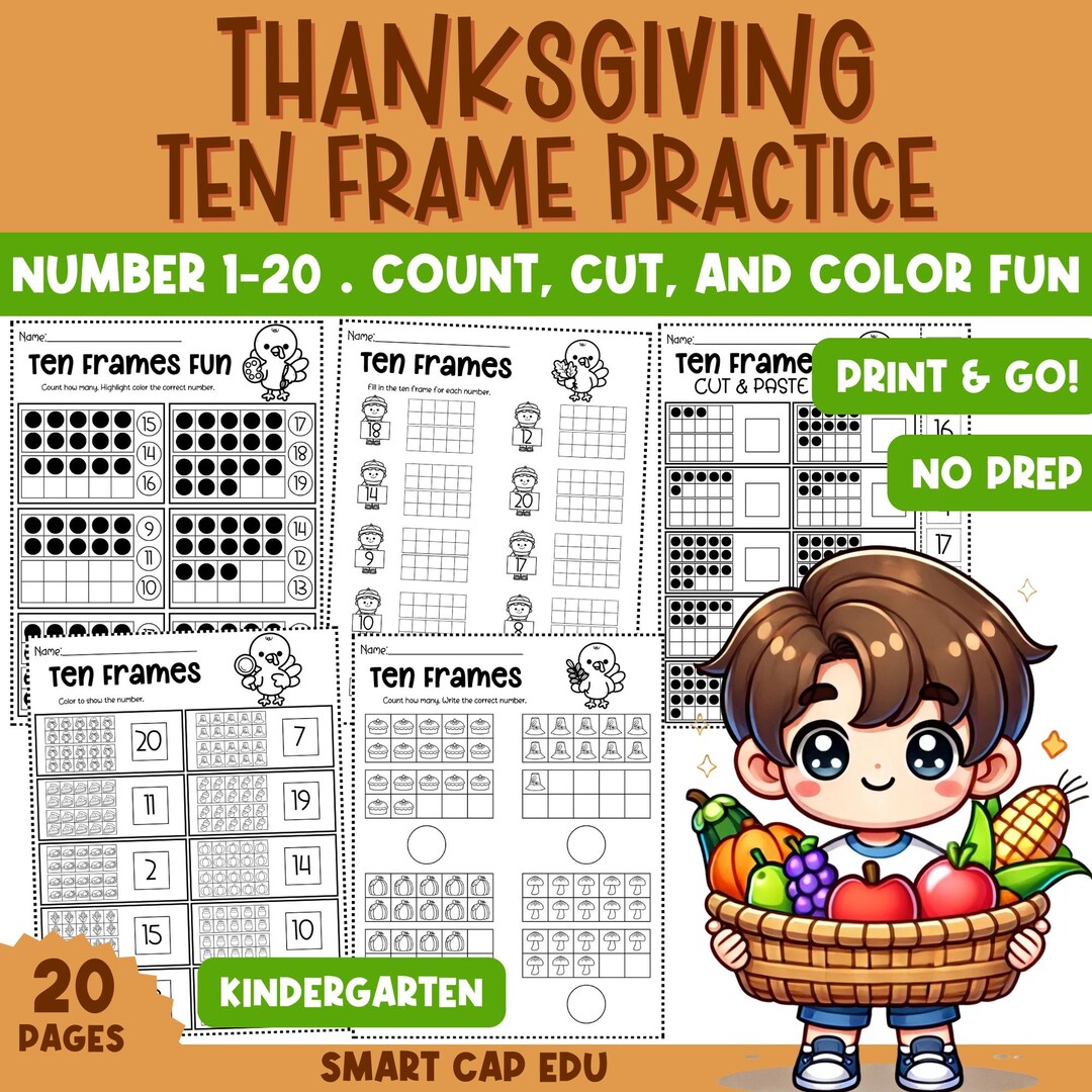 Thanksgiving Ten Frame Worksheets 1-20 – Kindergarten Math (PDF) - Etsy