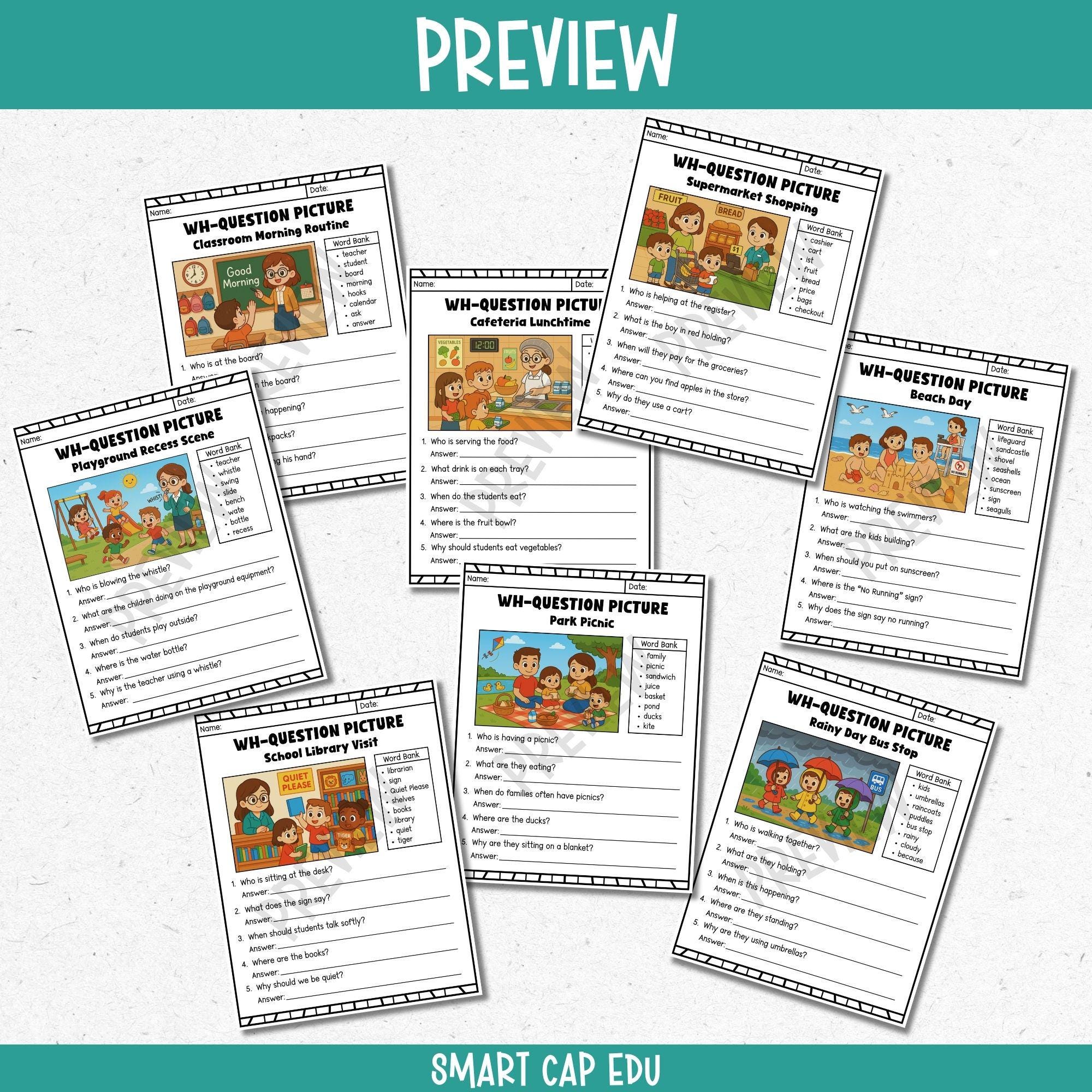 WH Questions Picture Scenes Worksheets | Who What When Where Why ...