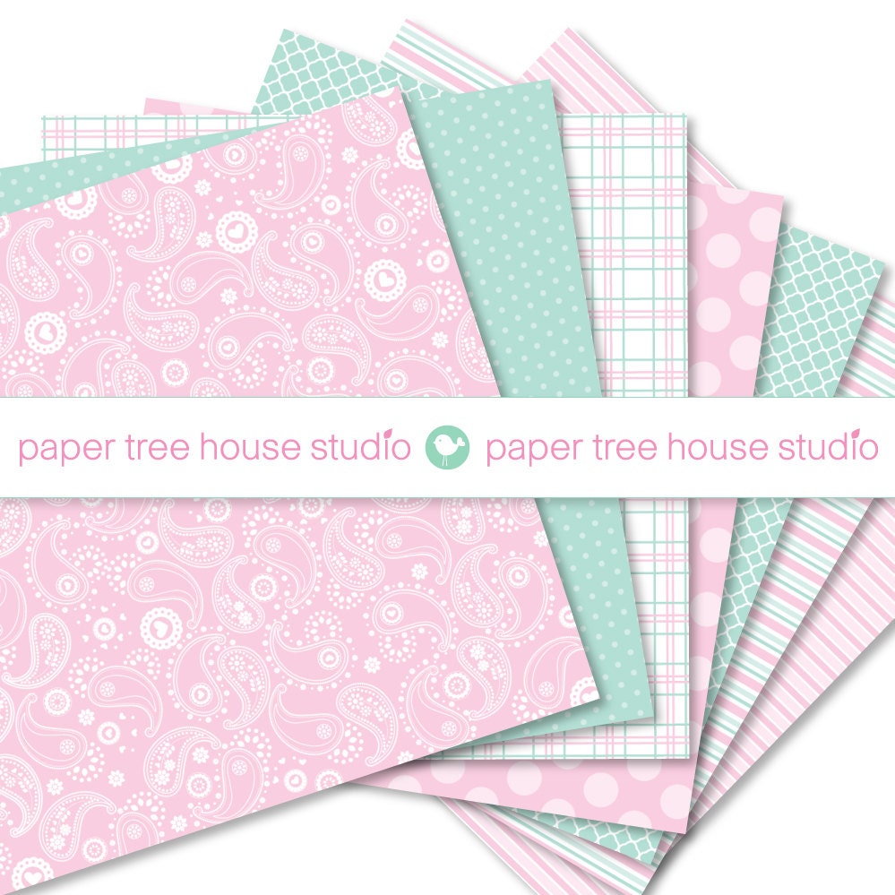 Mint Digital Paper Pack. Pink Digital Paper Pack. Paisley | Etsy
