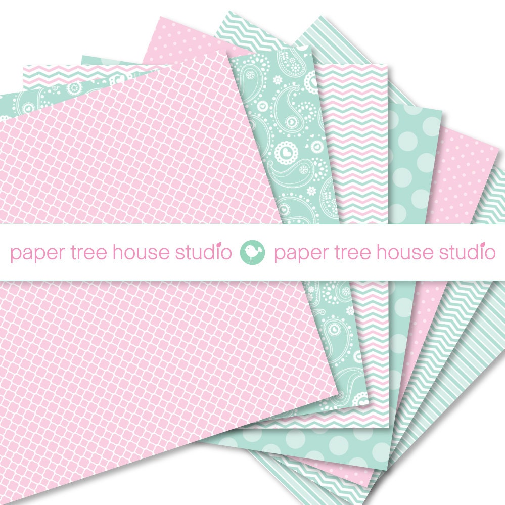 Mint Digital Paper Pack. Pink Digital Paper Pack. Paisley | Etsy