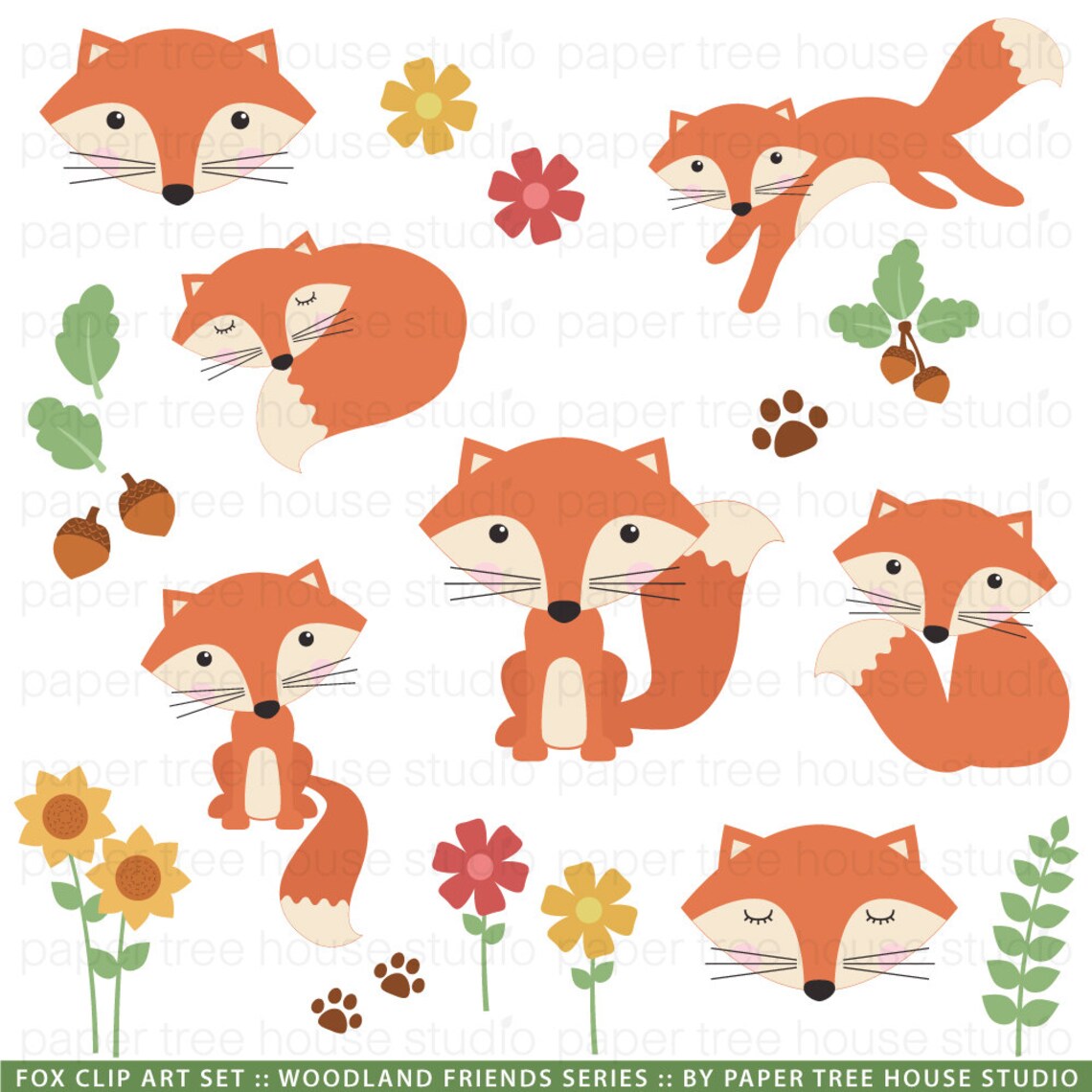 Woodland Clip Art. Forest Clipart. Fox Clip Art. Acorn | Etsy