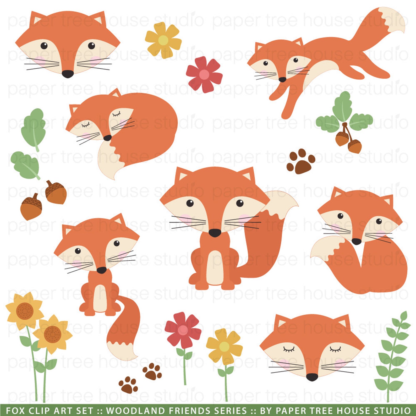 Woodland Clip Art. Forest Clipart. Fox Clip Art. Acorn | Etsy