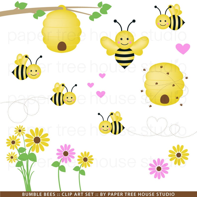 Bumble Bee Clip Art. Honey Bee Clipart. Bee Hive Clip Art. Flower Clip ...