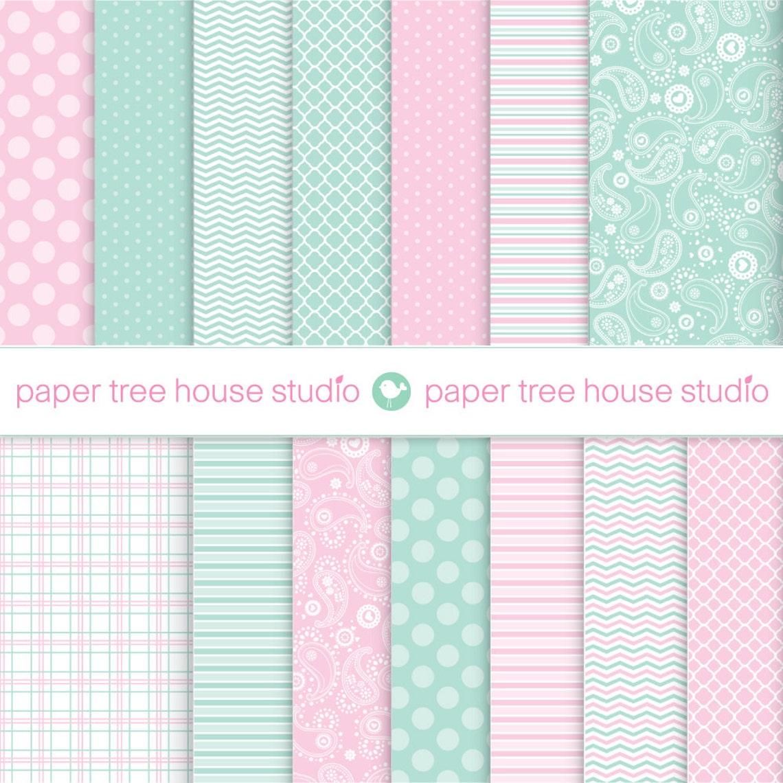 Mint Digital Paper Pack. Pink Digital Paper Pack. Paisley | Etsy