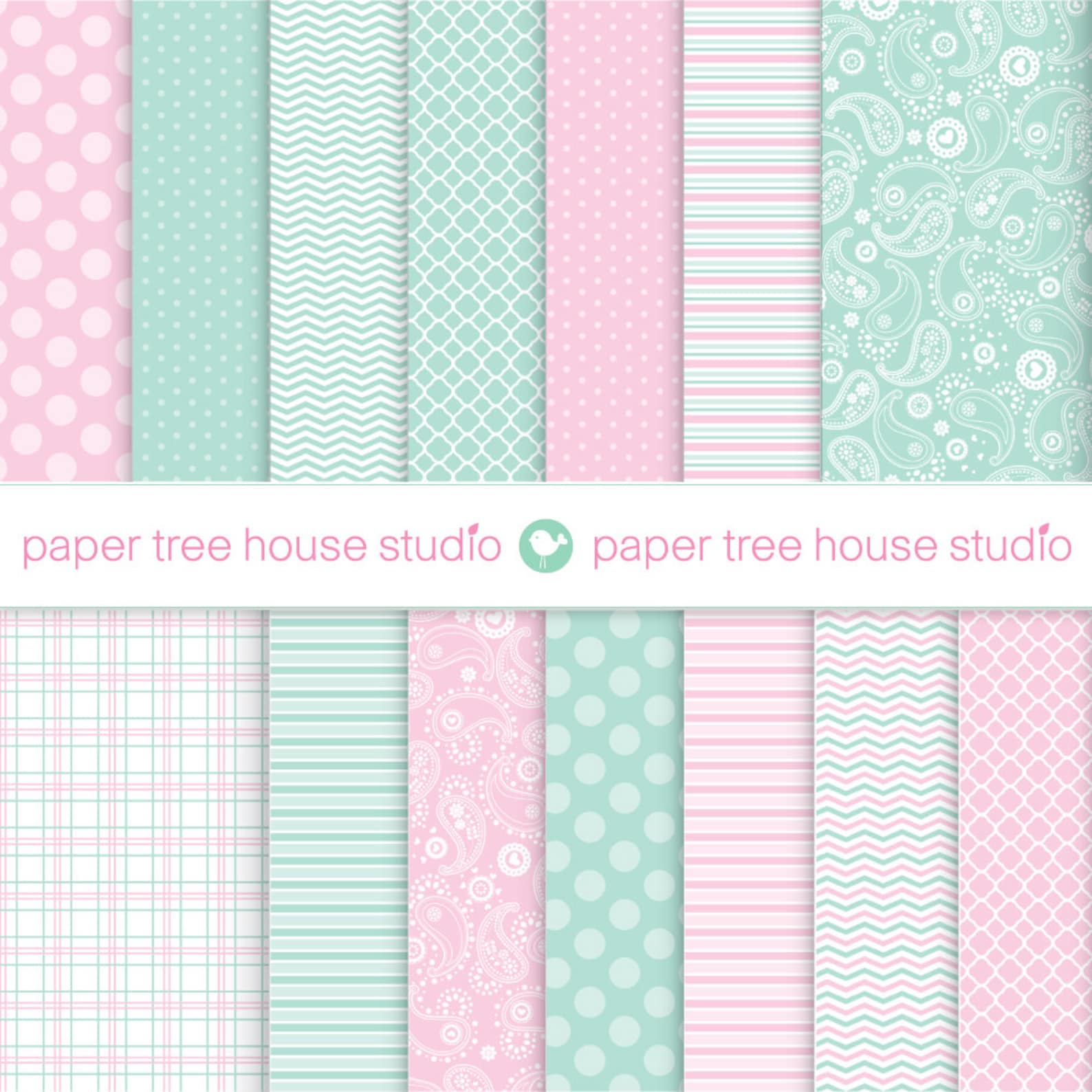 Mint Digital Paper Pack. Pink Digital Paper Pack. Paisley | Etsy