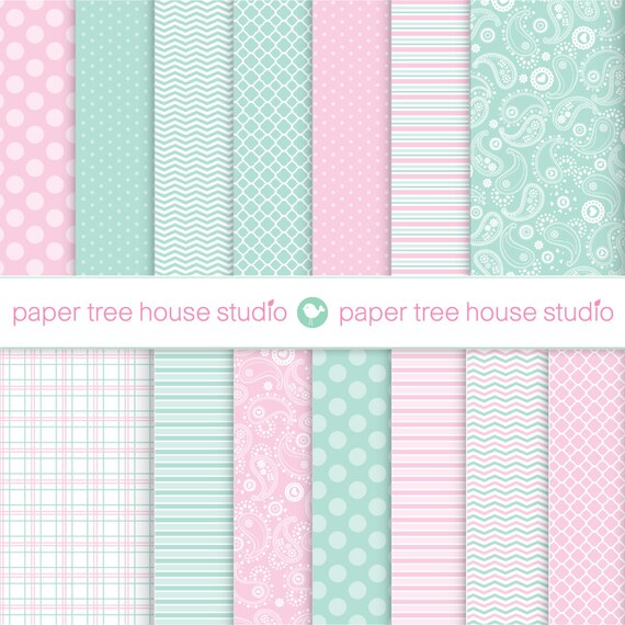 Mint Digital Paper Pack. Pink Digital Paper Pack. Paisley | Etsy