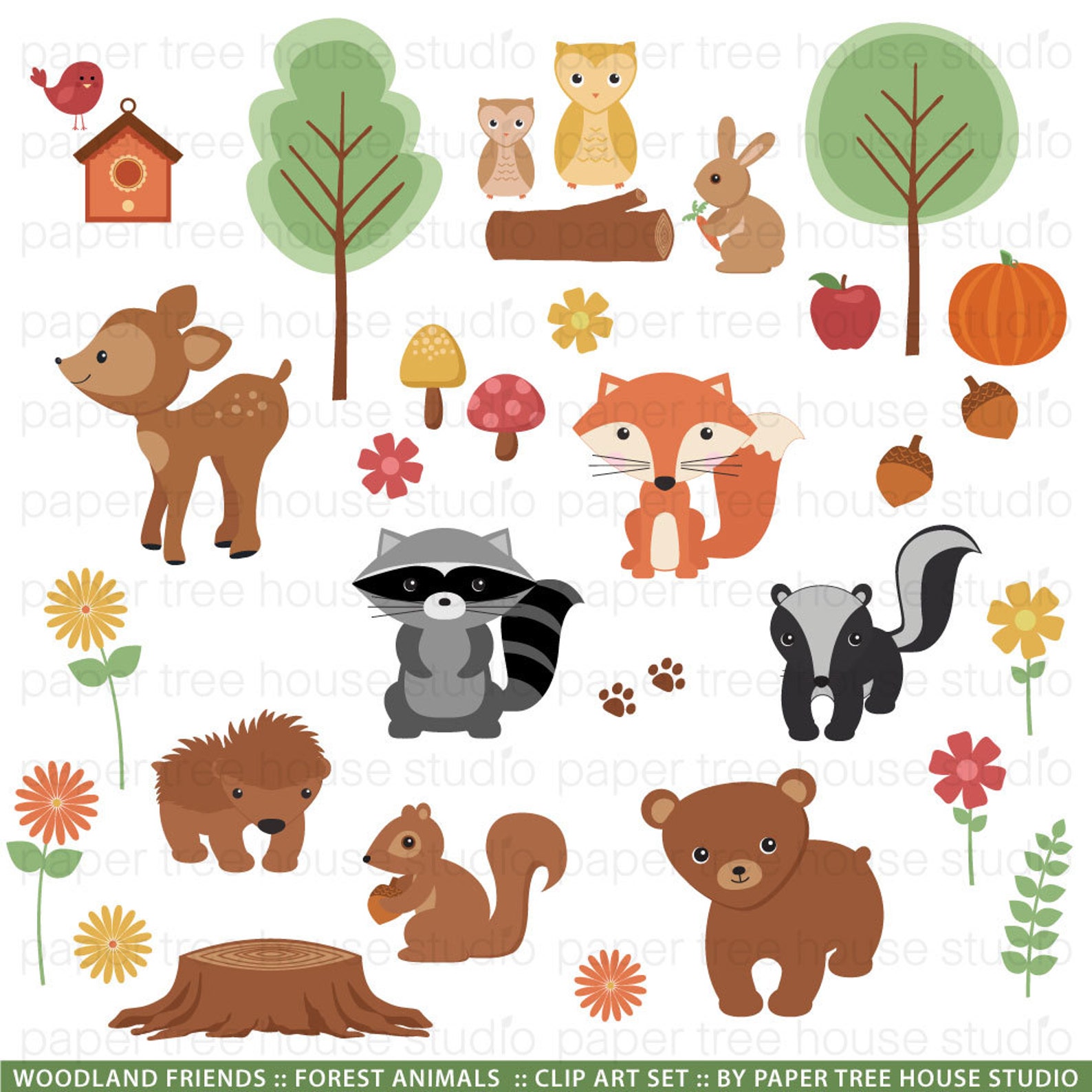 Woodland Clip Art. Forest Clipart. Fox Clip Art. Raccoon Clip - Etsy