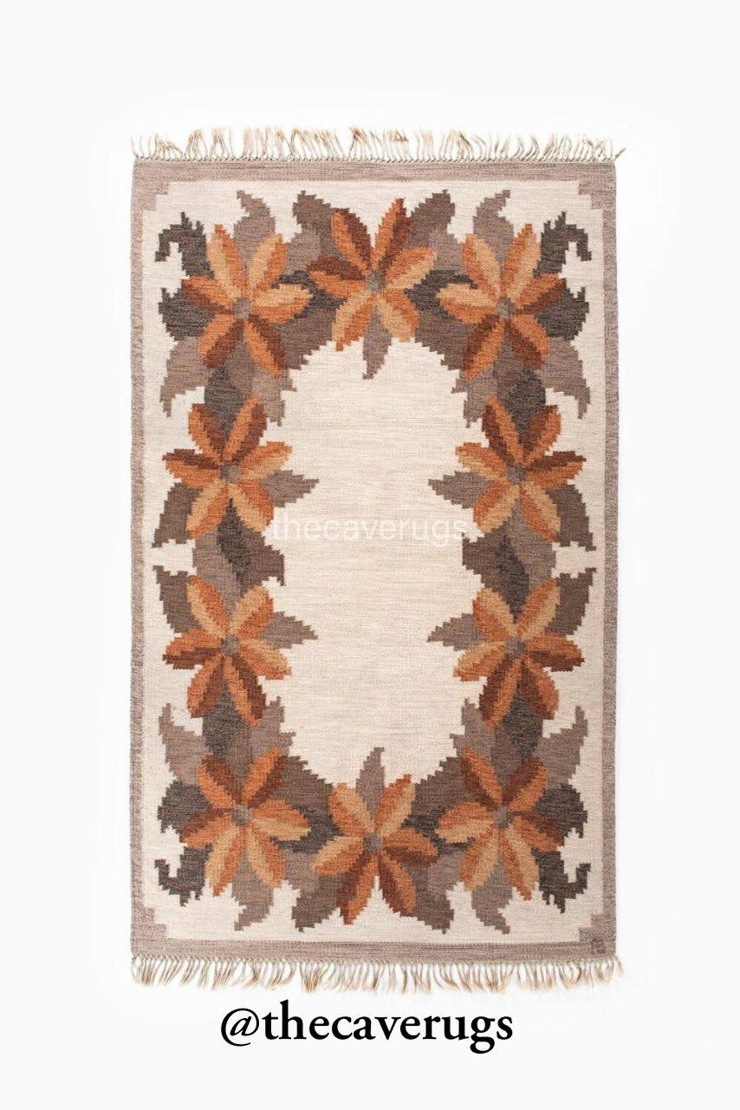 Handwoven Autumn Leave Wool Kilim Rug | Brown Rust Floral Flatweave ...
