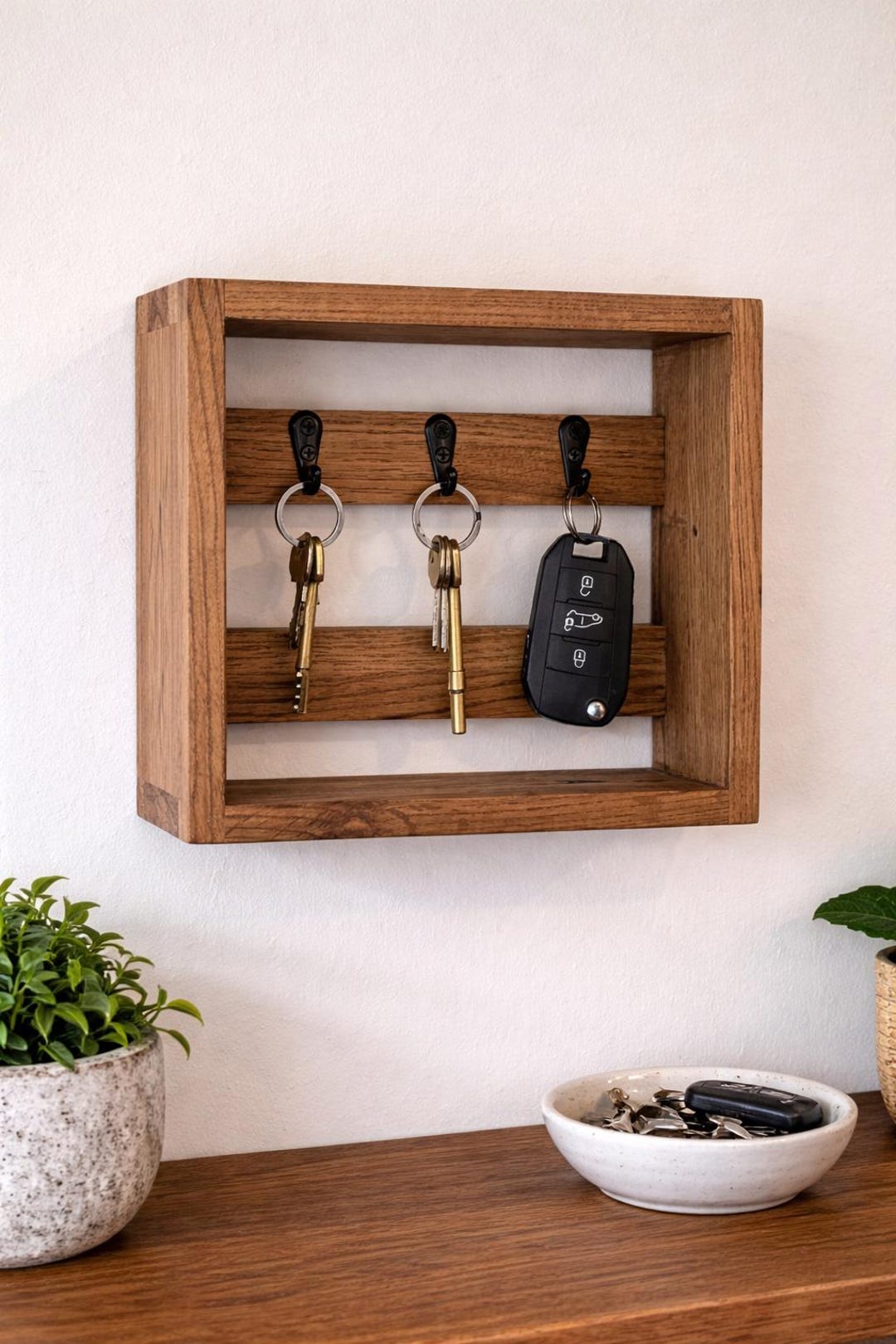 Solid Oak Key Holder Shelf, Handmade Entryway Organizer, Rustic Wall ...