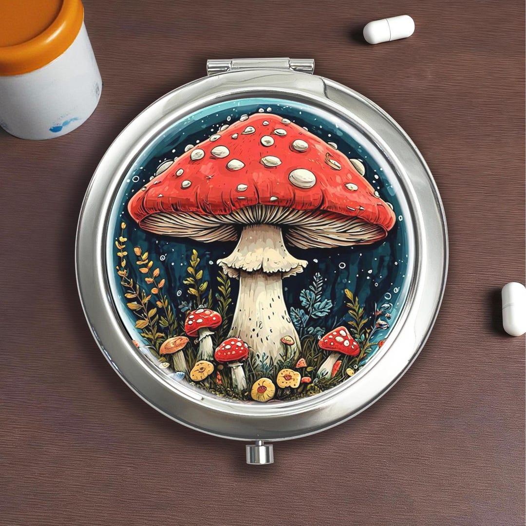 Red Mushrooms Silver Pillbox - With Mirror for Storing Pills, Vitamins ...