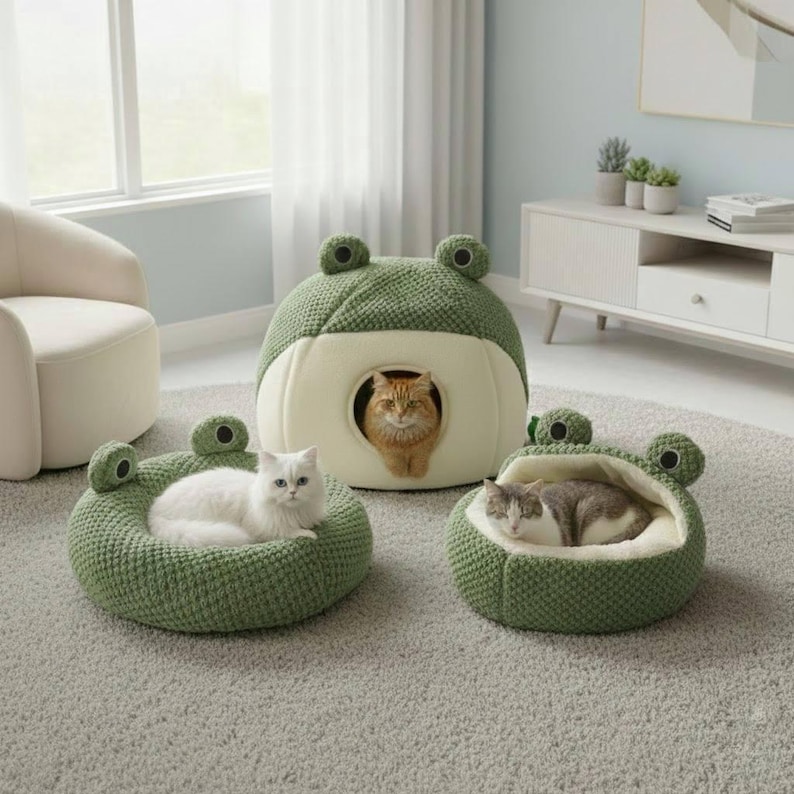 Pet Bed Frog Warm Plush Cat House Cave Kawaii Winter Cozy Dog Nap Nest ...