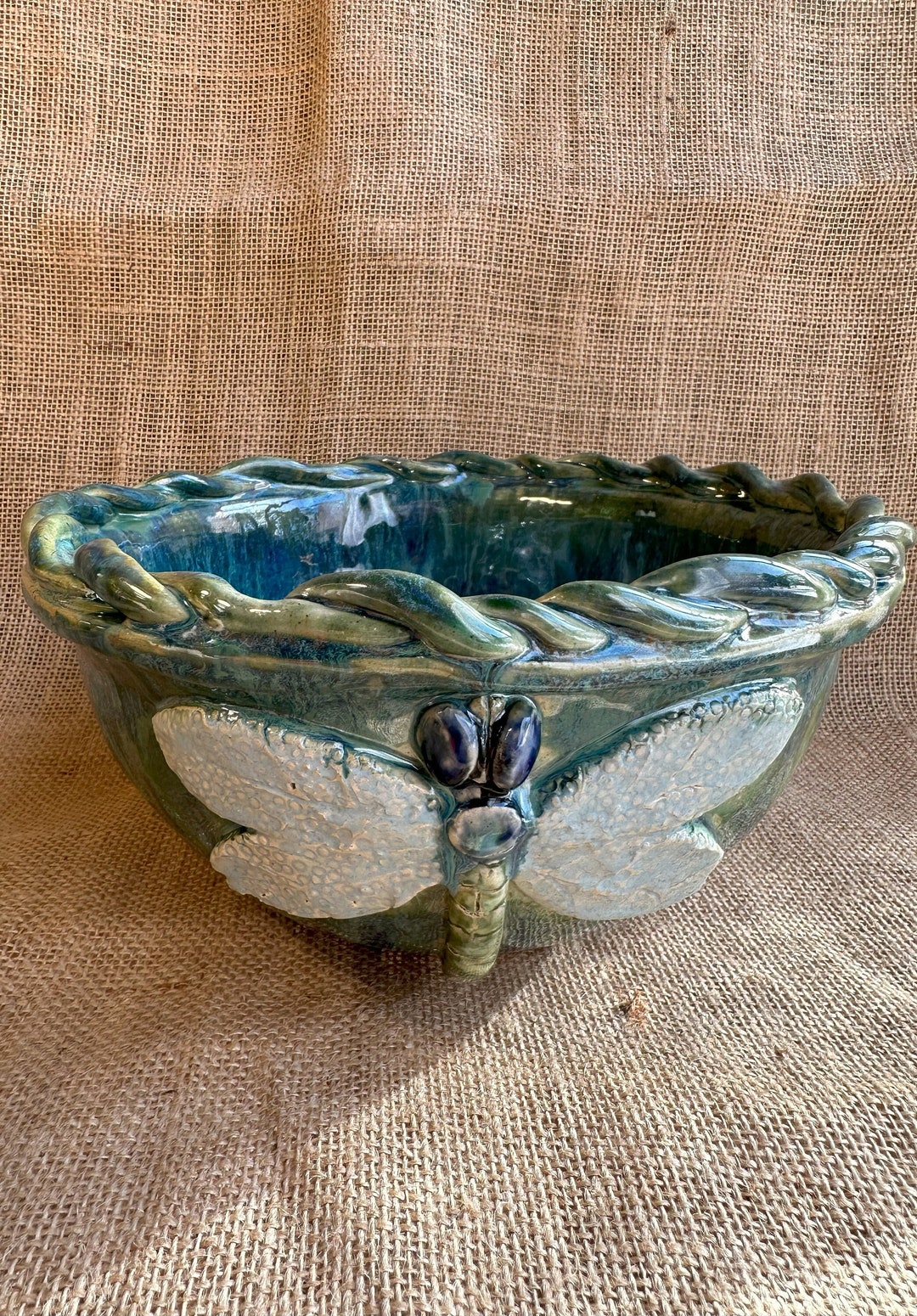 Large Dragonfly Pottery Bowl, Handmade, Handglaze Blue/green Food Safe ...